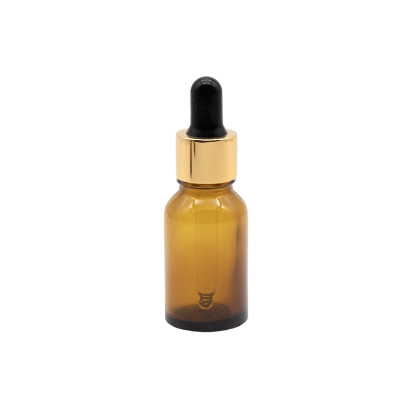 Recipient sticla maro 30 ml si pipeta, cauciuc negru, guler auriu ...